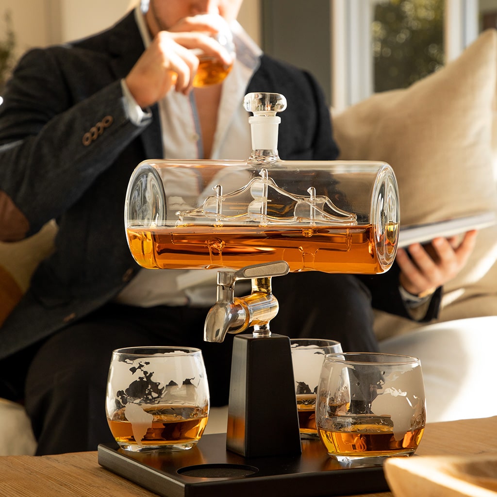 Booze & Barrels Sailboat Decanter Set with 4 Etched Globe Glasses ...